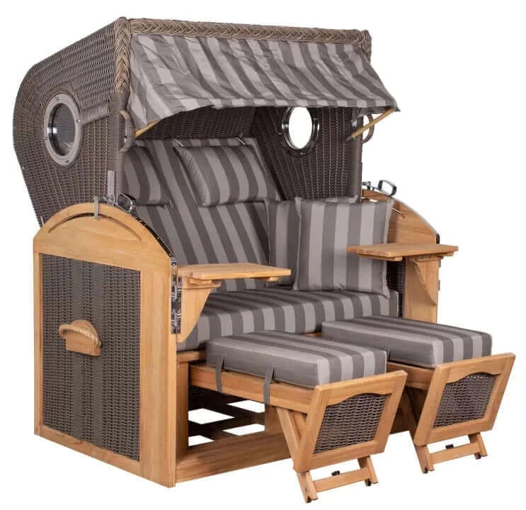 Strandkorb Mr. Deko Schillig Bullaugen Teak PE Grey 2,5-Sitzer XL Dess